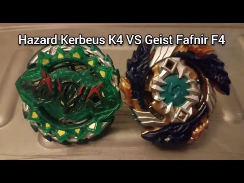 Beyblade Burst battle: Hazard Kerbeus K4 vs Geist Fafnir F4 - YouTube
