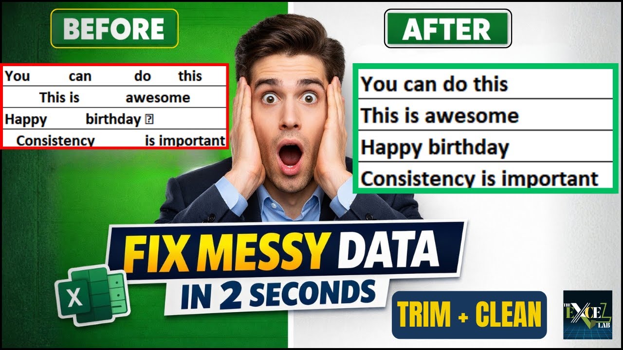 How to Use TRIM & CLEAN in Excel | Clean Messy Data Easily | Cleaning ...