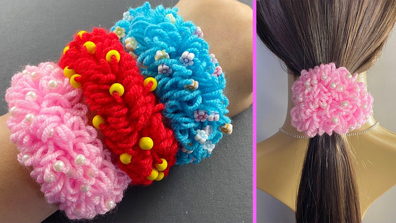 💖💖💖 How to make a SCRUNCHIE with Knitting Yarn & Beads | Hair Tie ...