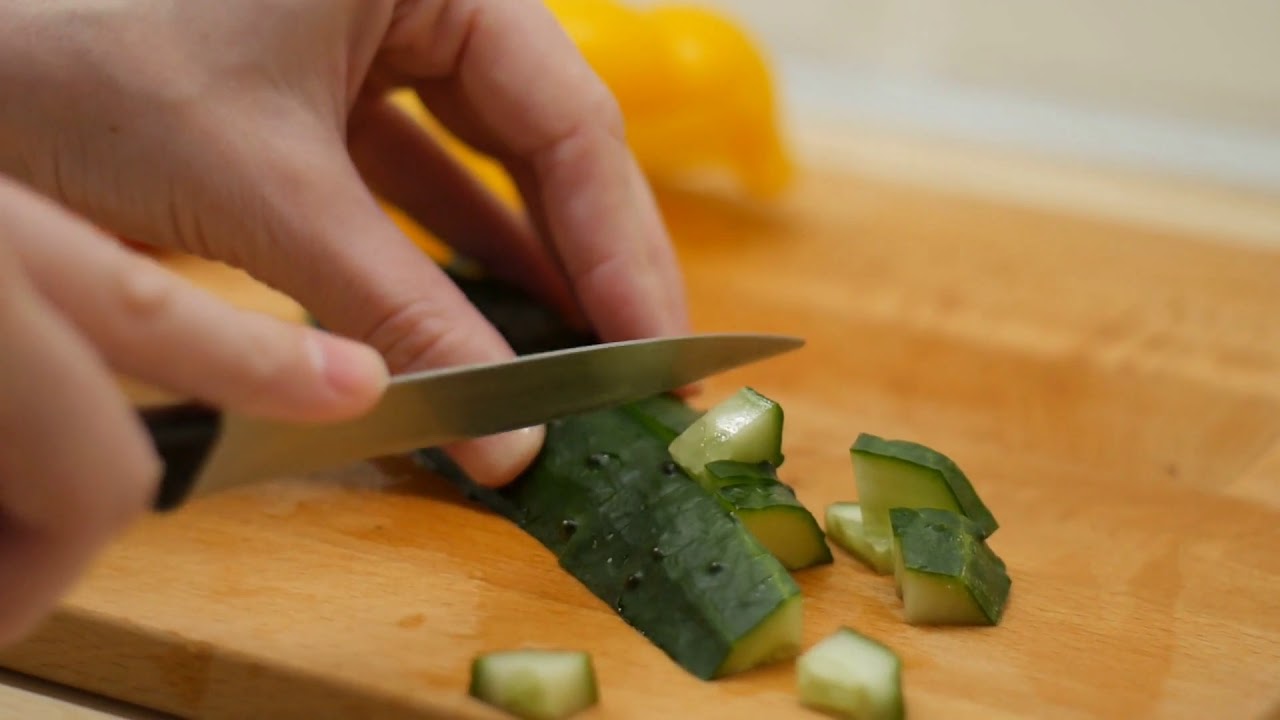 close up shot hands of women using kitchen knife slide cut fresh - YouTube