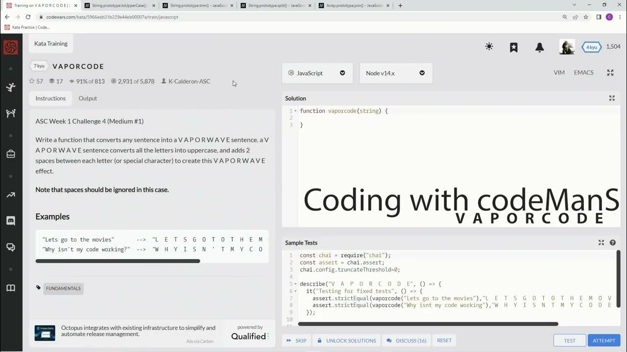 Codewars 7 kyu V A P O R C O D E Javascript - YouTube