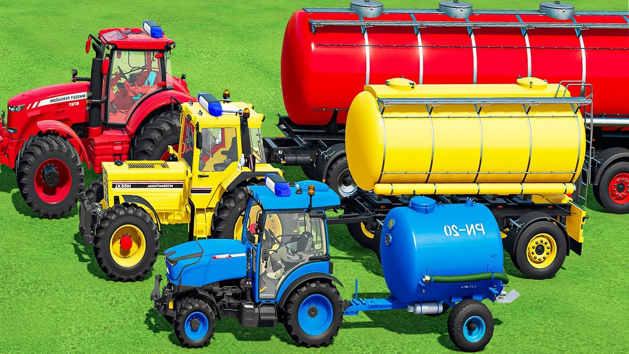 TRANSPORT MINI & BIG TRACTORS - WATER TANKER vs POLICE FENDT & CASE ...