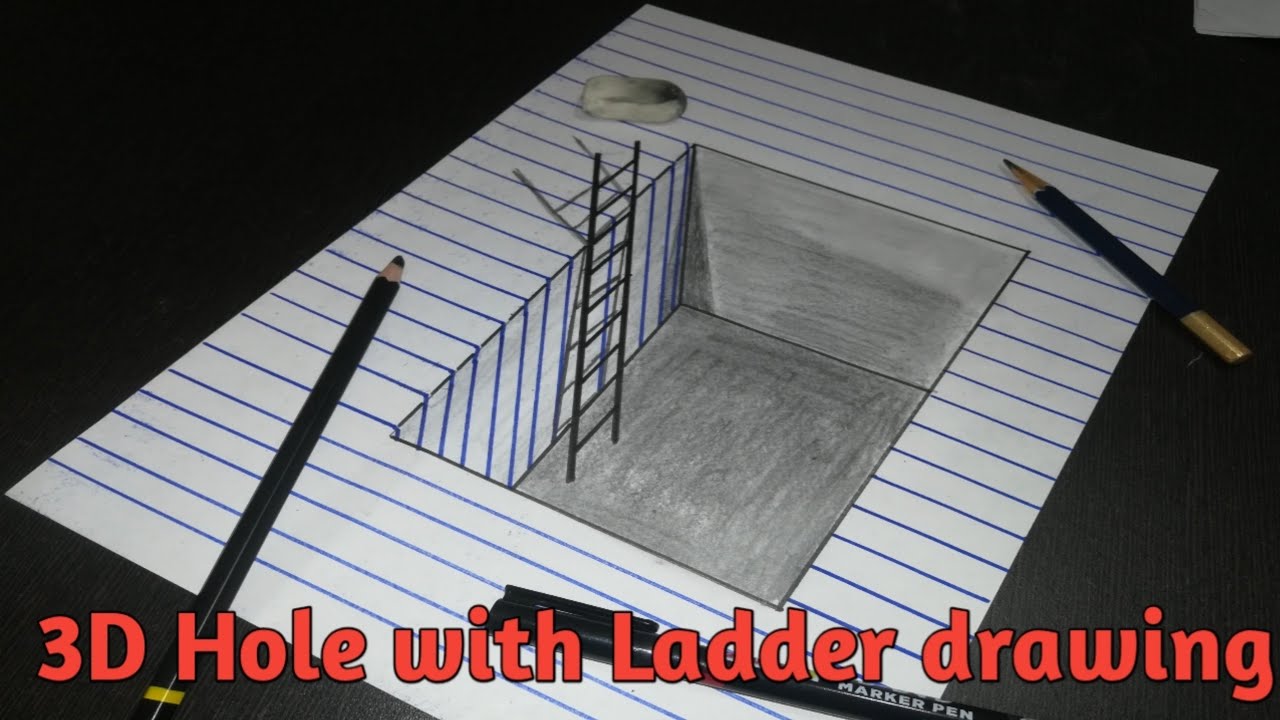 How to draw 3D hole with ladder | draw deep square hole with laddder ...