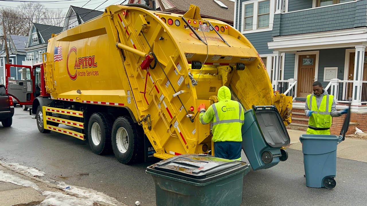 Brand New Capitol Waste Garbage Truck VS Dorchester Trash - YouTube