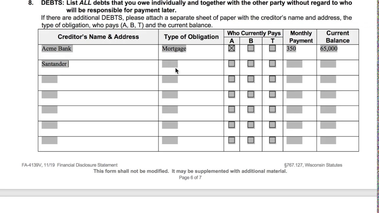 Completing the Debts Section of the Financial Disclosure Statement ...