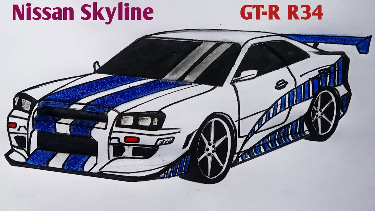 Easy Nissan Skyline GT-R R34 Drawing Tutorial for Beginners | Step-by ...