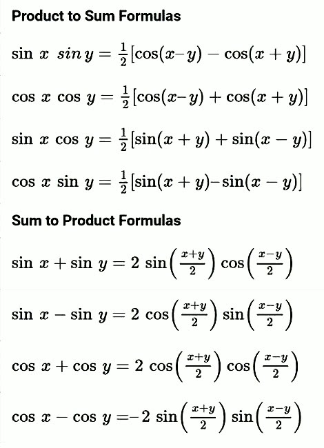 Trigonometry : Product to Sum Formulas, Sum to Product Formulas - YouTube