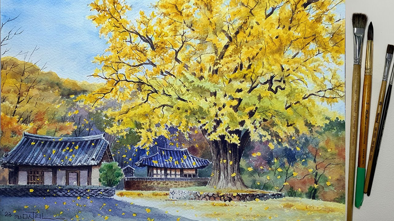 운곡서원의 만추 수채화 그림 은행나무 산과 한옥 풍경 그리기 Youtube