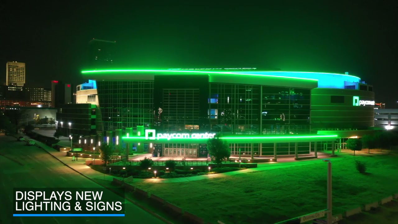 New Paycom Center look lights up downtown Oklahoma City - YouTube