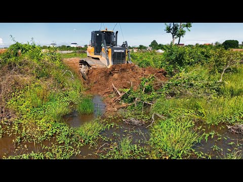 Great Pushes The Fill Rock Onto The Grass Forests Using Bulldozer SHANTUI Pushes The Building Leve