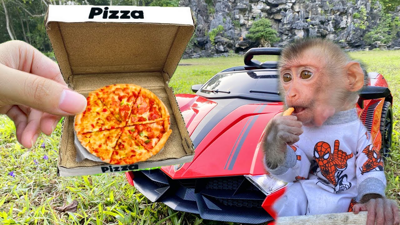 Monkey Baby Bu Bu and puppy eat mini pizza and play cute in the garden ...