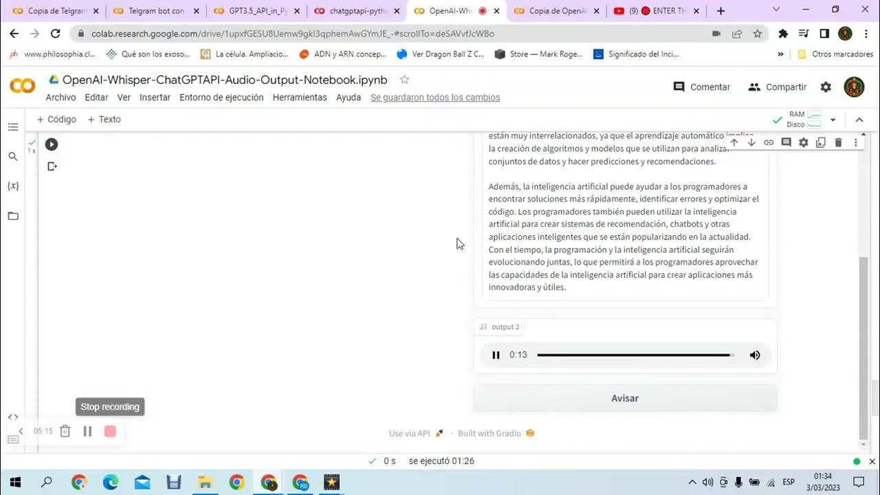 ChatGPT + Whisper en interfaz de Gradio Google Colab, outputs de texto ...