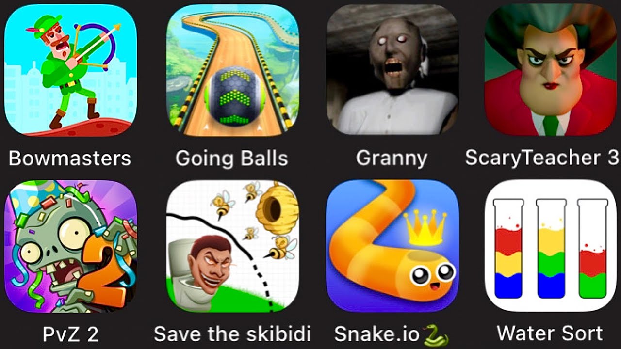 Bowmasters, Snake.io,Granny,PvZ 2,Scary Teacher 3D,Save the skibidi,Going Balls, Water Sort ...
