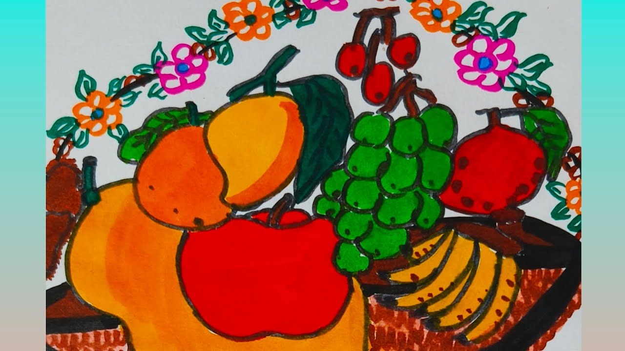 How to draw and colour fruits 🥭🍊🍌🍎🍐🍒 basket with Doms brush pen|| Falo ...