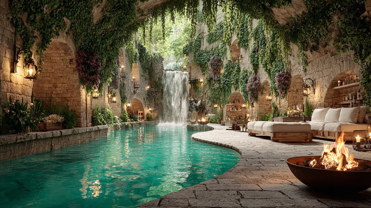 Forest Grotto Waterfall Retreat | Fireplace, Birds & Pool Sounds for ...