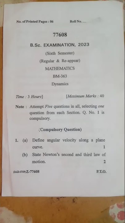 B. Sc. 6 th sem. Mathematics paper, Dynamics, CRSU, Jind - YouTube