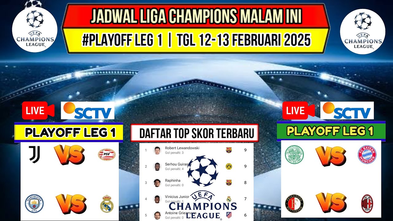 Jadwal Liga Champions 2025 Malam ini~Man City vs Real Madrid~Ucl Babak Playoff Leg 1~Live Sctv ...