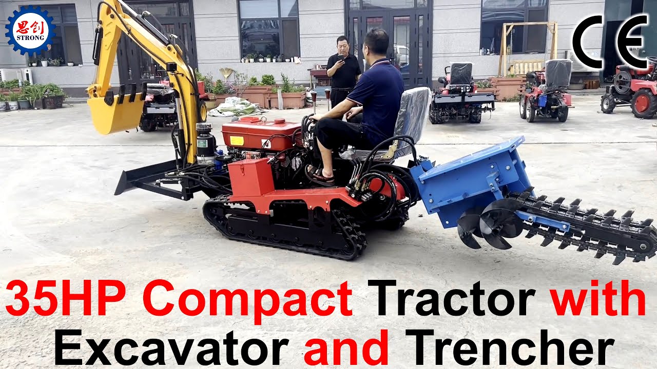 35HP Compact Tractor with Excavator Bucket and Trenching Machine - YouTube
