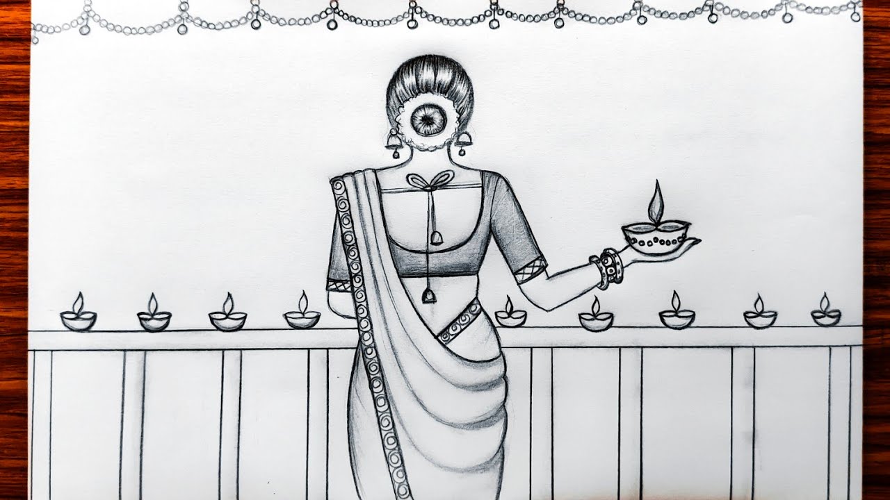 How to draw traditional girl with diya | Diwali drawing easy | Saree ...