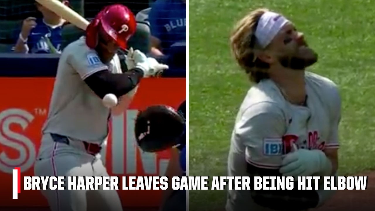 Bryce Harper leaves game vs. Blue Jays after being hit on left elbow by ...