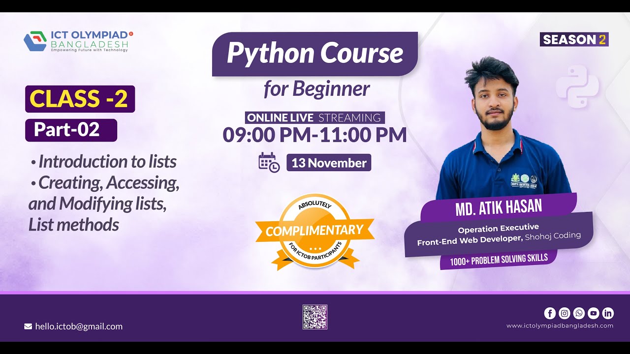 ICT Olympiad Bangladesh is offering a 𝐏𝐲𝐭𝐡𝐨𝐧 𝐂𝐨𝐮𝐫𝐬𝐞 𝐟𝐨𝐫 𝐁𝐞𝐠𝐢𝐧𝐧𝐞𝐫𝐬. Class 02 | Part-02 - YouTube