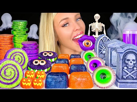 ASMR HALLOWEEN DESSERT MUKBANG, FRANKENSTEIN CANDY, EDIBLE MONEY, HALLOWEEN TOMBSTONE, JELLY 먹방