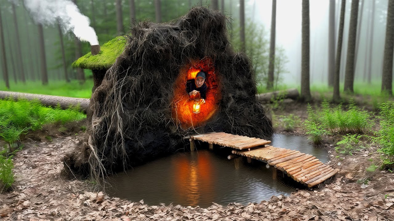 I Built a Log Cabin Through the Roots of a Fallen Giant Tree ...