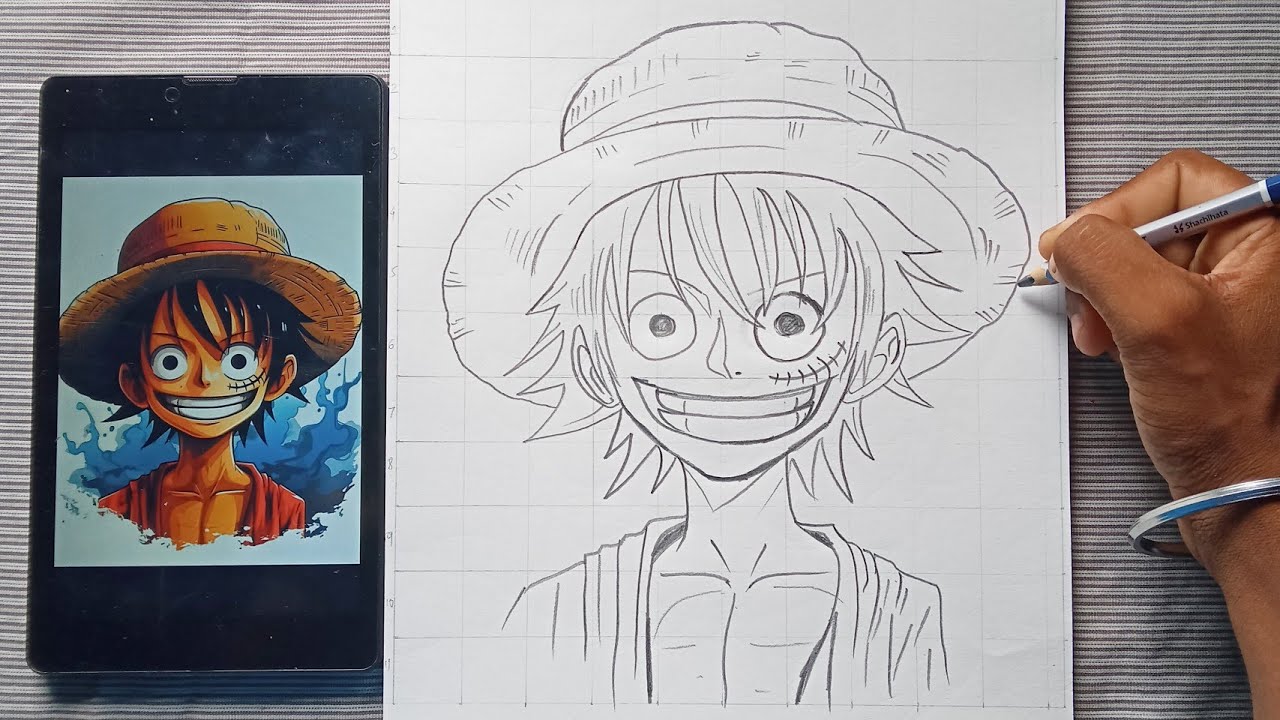 How to draw luffy with grid method | Easy luffy anime outline tutorial ...