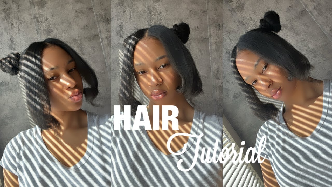 Very Detailed! Two knot buns with bangs on natural short hair - YouTube