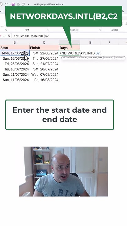 Working Days Difference In Excel Using Networkdaystl Youtube