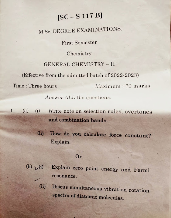 AU Msc( first year :2023-2024) first semester chemistry exam paper ...