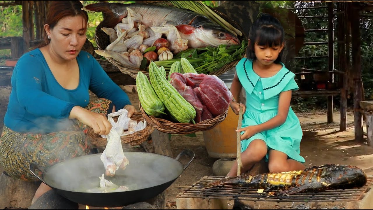 Mother cooking chicken wing curry recipe-Grilled big fish for dinner ...