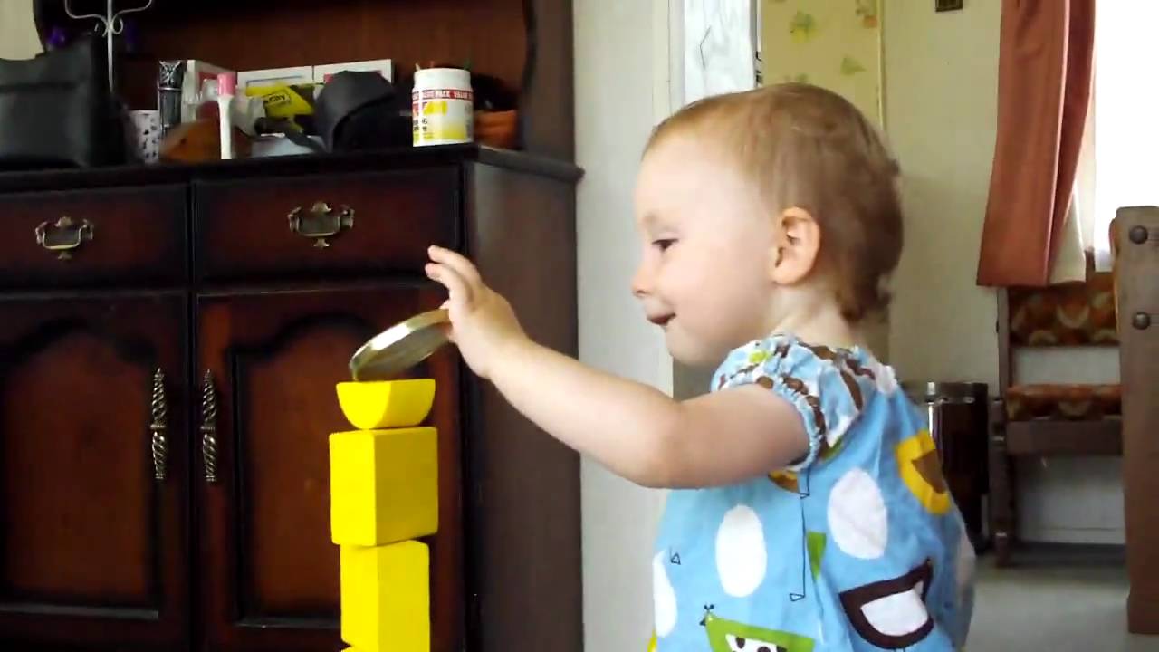 Stacking blocks at 15 months, You can do another one - YouTube