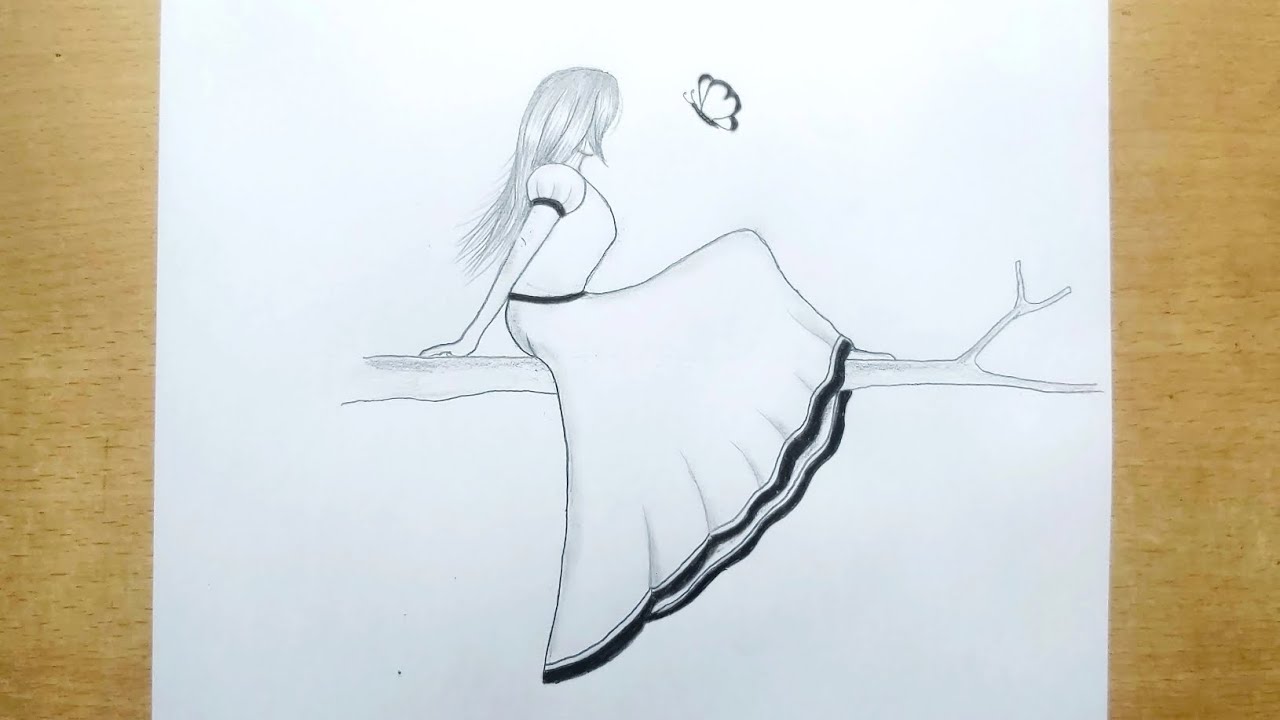 How to draw a girl sitting in a tree with pencil sketch // very very ...