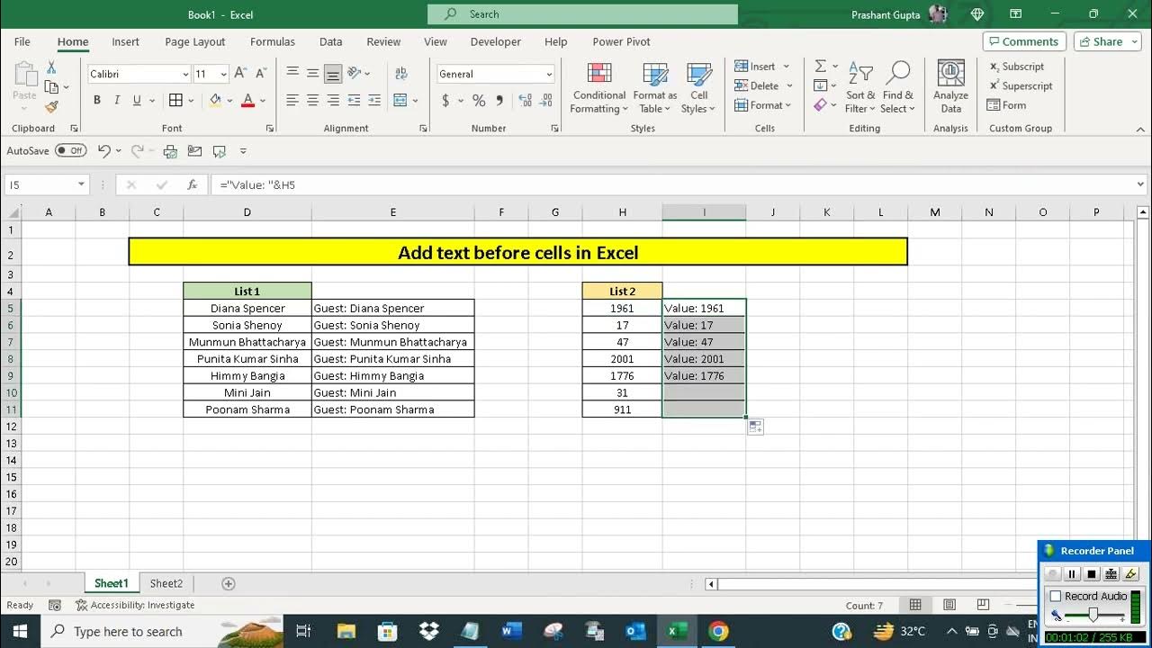 Add text before cells in Excel - YouTube