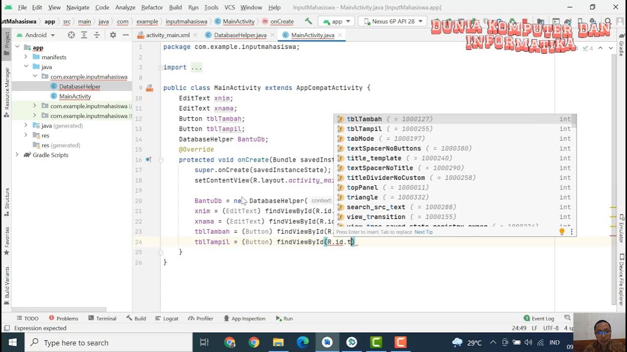 Membuat Database SqLite Part 3 : Membuat deklarasi variabel dan Method pada MainActivity - YouTube