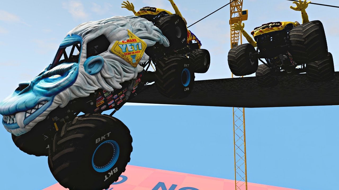 YETI Monster Jam VS ZOMBIE Monster Jam crane jump trampoline and ...