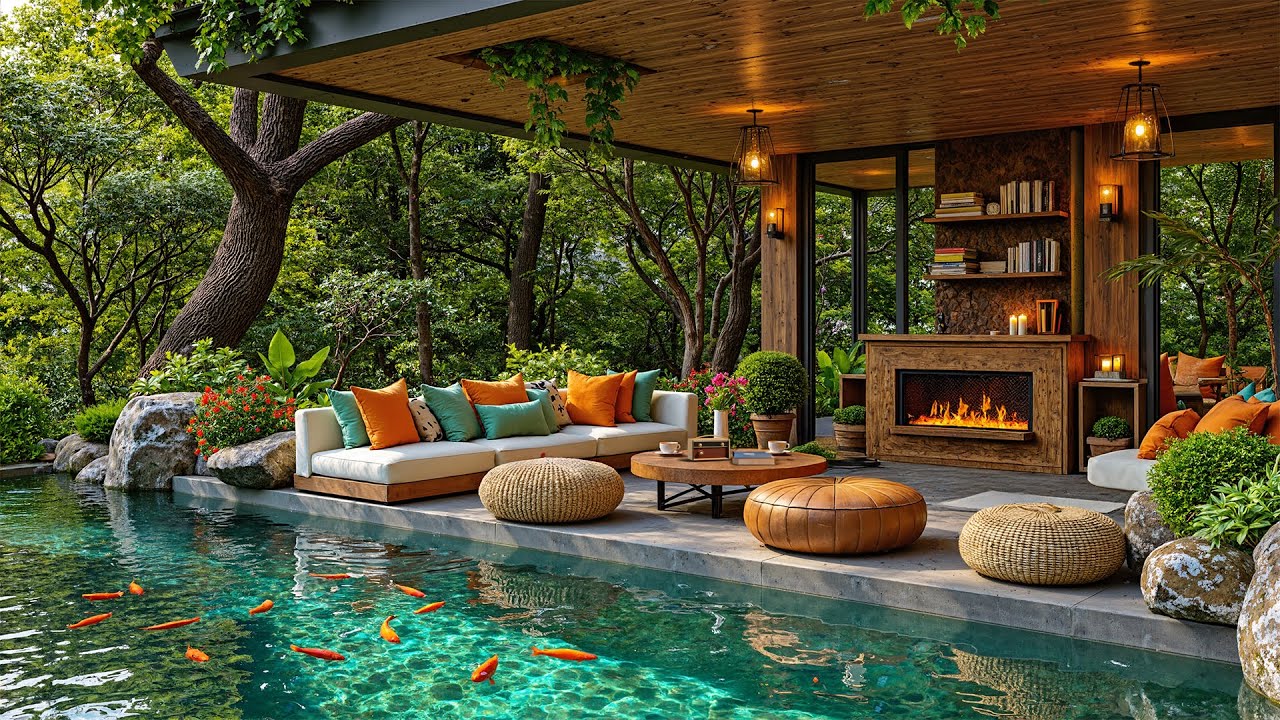Forest Poolside Retreat Jazz with Water Sounds ☕Tranquill Jazz Café for ...