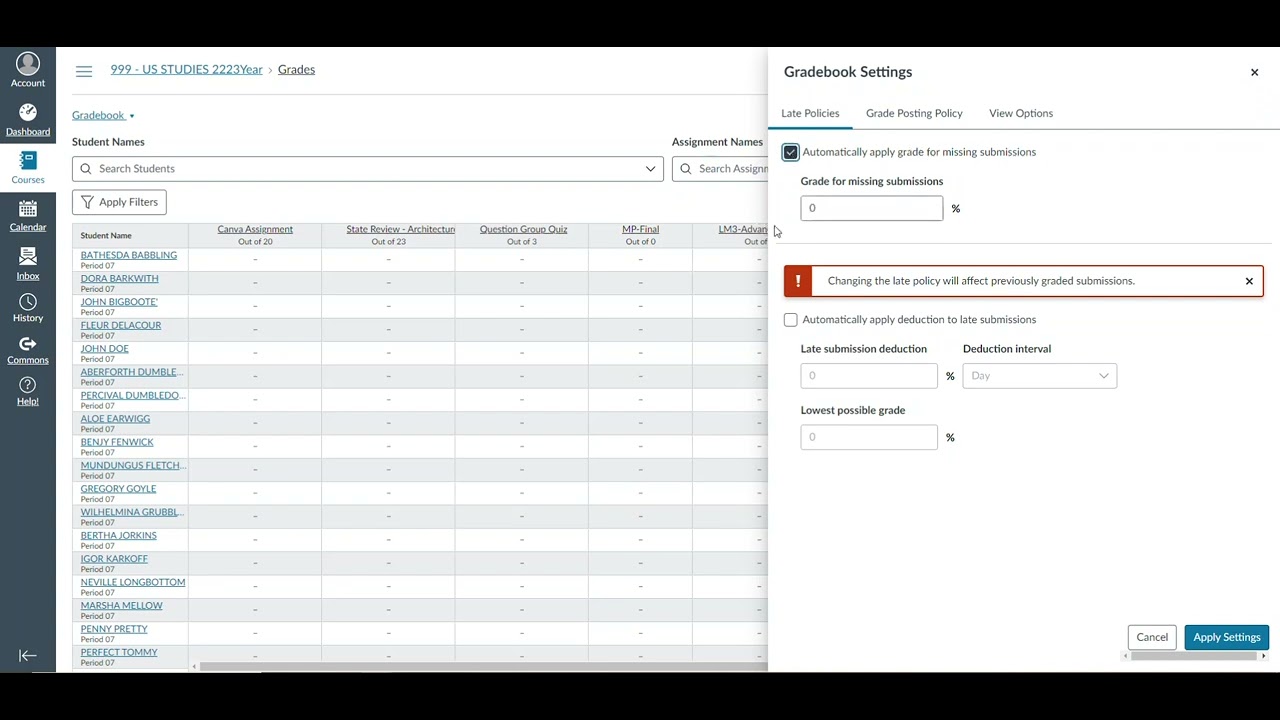 Canvas: Grade Book Automatic 0 on Missing Assignments - YouTube