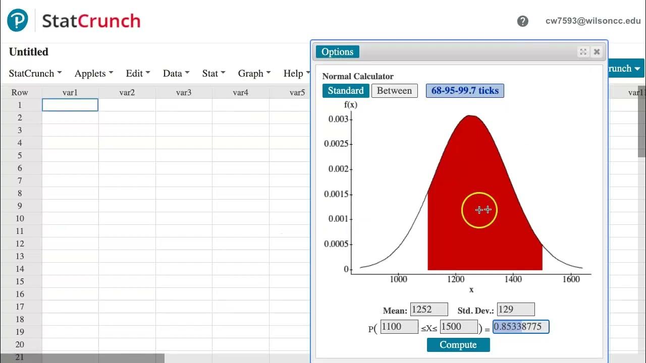 MAT 152 7.2.39 Use StatCrunch to find and interpret the area under the normal curve - YouTube