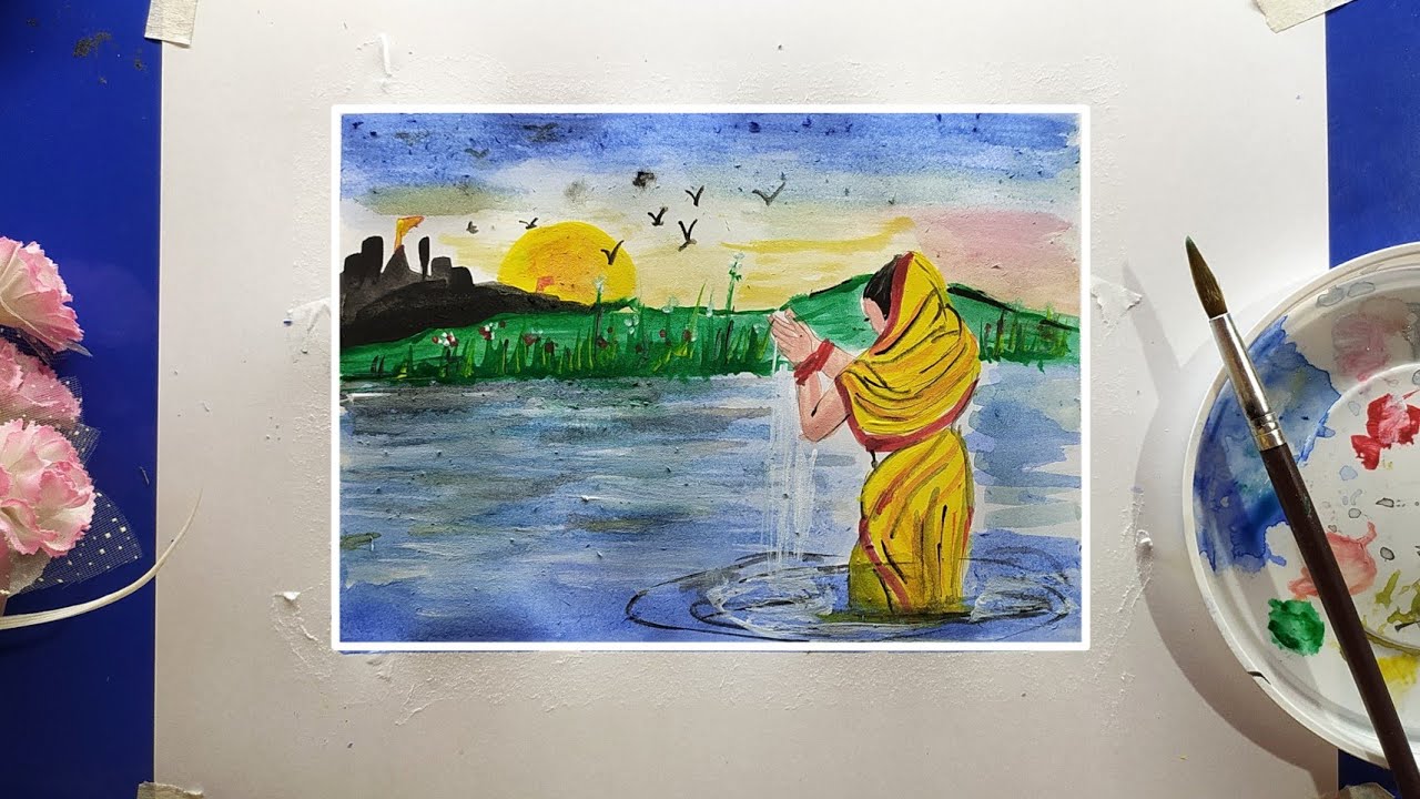 Easy chhath puja drawing with watercolor painting watercolour chhath ...