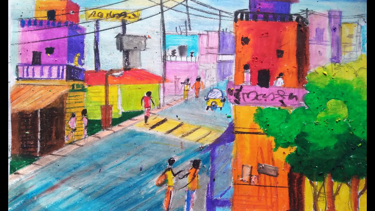 ප්‍රකාශන චිත්‍ර (නගරයක් අදින විදිහ)How to Draw pastel drawing | Easy ...