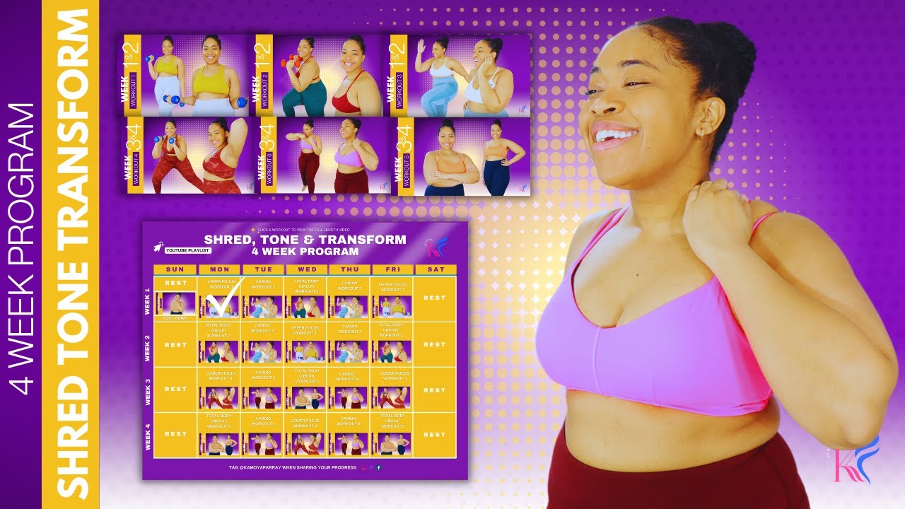 SHRED TONE & TRANSFORM 4 Week Home Workout Program: 5 STRUCTURED Workouts Per Week| Burn Fat ...