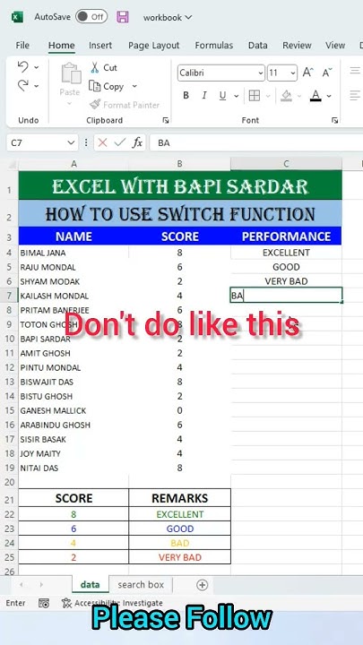 How to use Switch Function in Ms Excel | Basic to Advanced Ms Excel lesson | #reels #msexcel # ...