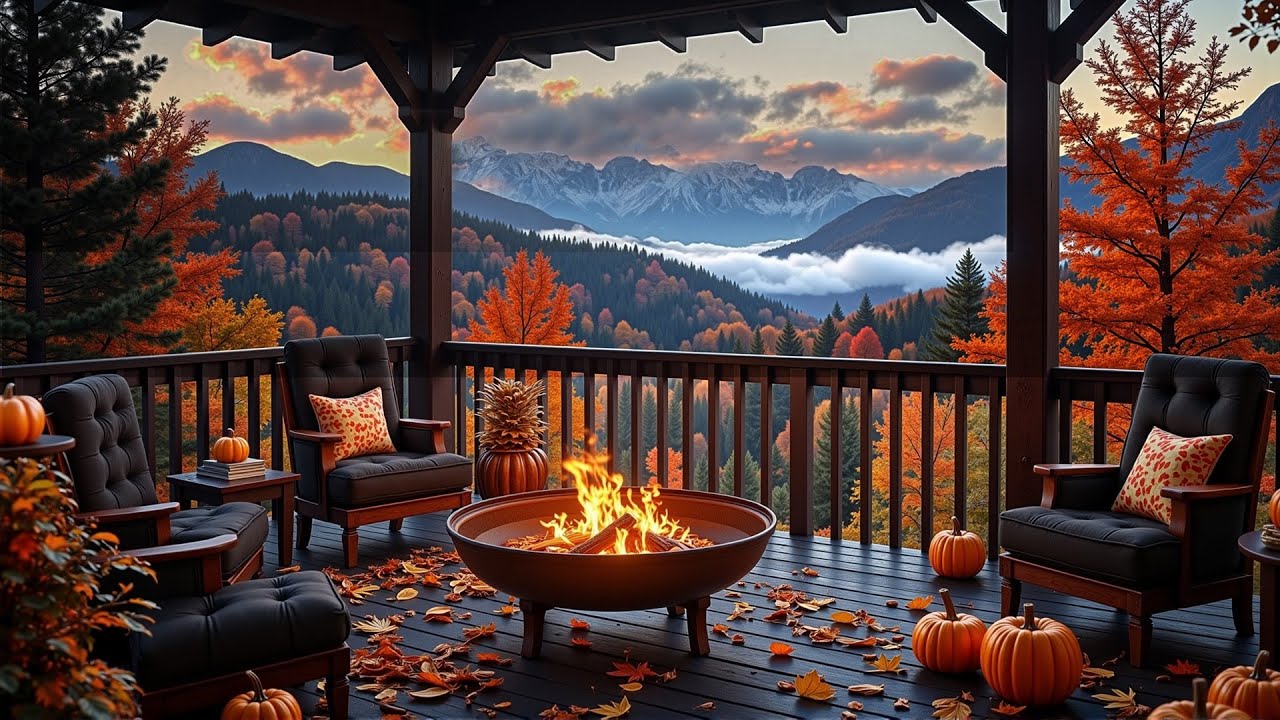 Cozy Balcony on Rainy Autumn Forest - Crackling Fireplace and Rain ...