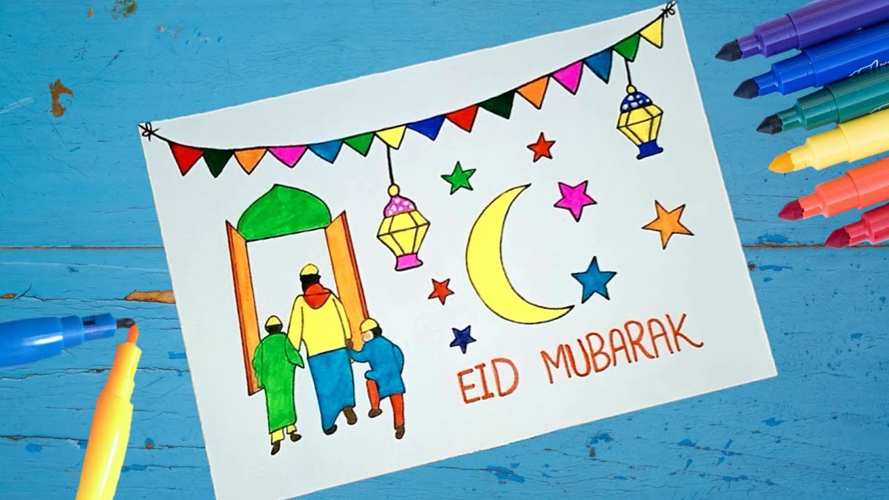 Eid Mubarak Drawing/How to draw Eid Mubarak Greeting Card/Happy Eid ...