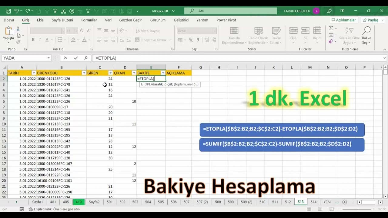 Excel 1 Dakika - Bakiye Hesaplama - YouTube