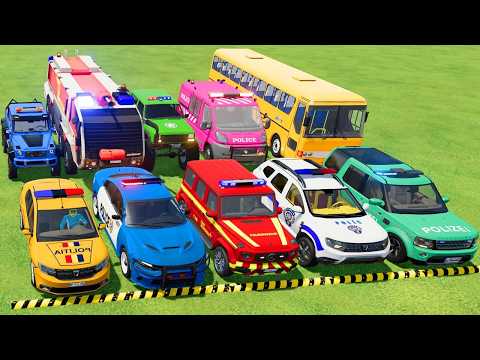 TRANSPORTING POLICE CARS, AMBULANCE, FIRE TRUCK, COLORFUL CARS WITH TRAIN -FARMING SIMULATOR 22!