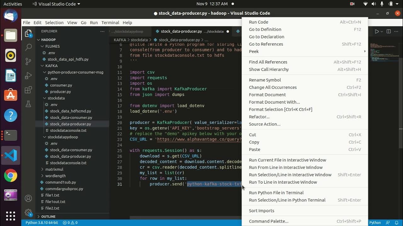 KAFKA STOCK API USING TEXT FILE FROM PRODUCER TO HADOOP USING PYTHON CODE AND HDFS COMMANDS ...