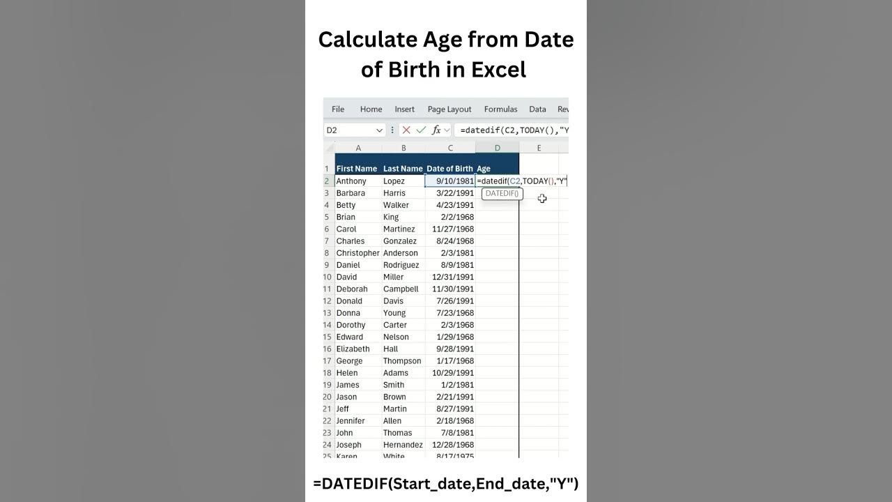 How to calculate AGE from DOB in Excel #excel #exceltips #datedif #exceltricks #exceltutorial ...